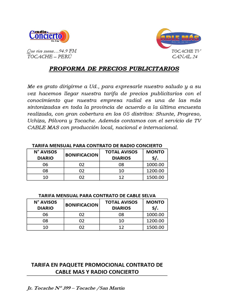 Proforma de Radio Concierto y Cable Mas 2018 | PDF