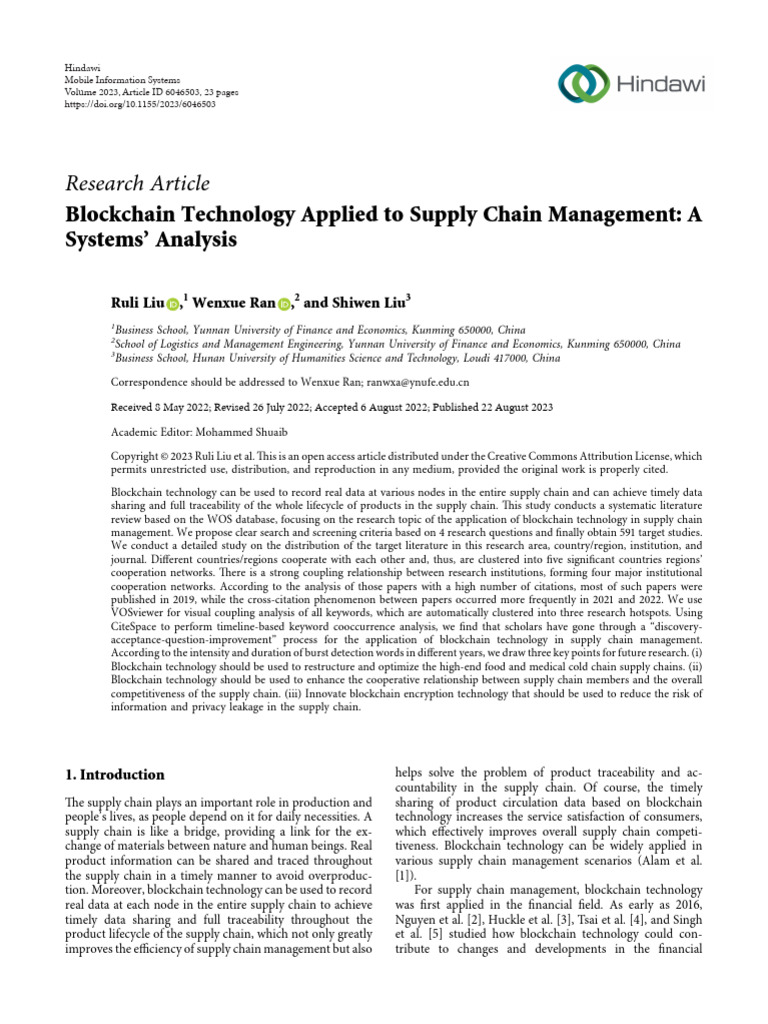 Research Article: Blockchain Technology Applied To Supply Chain ...