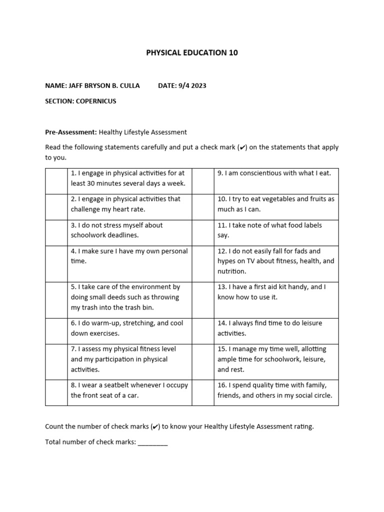 Q1 Healthy Lifestyle Assessment | PDF