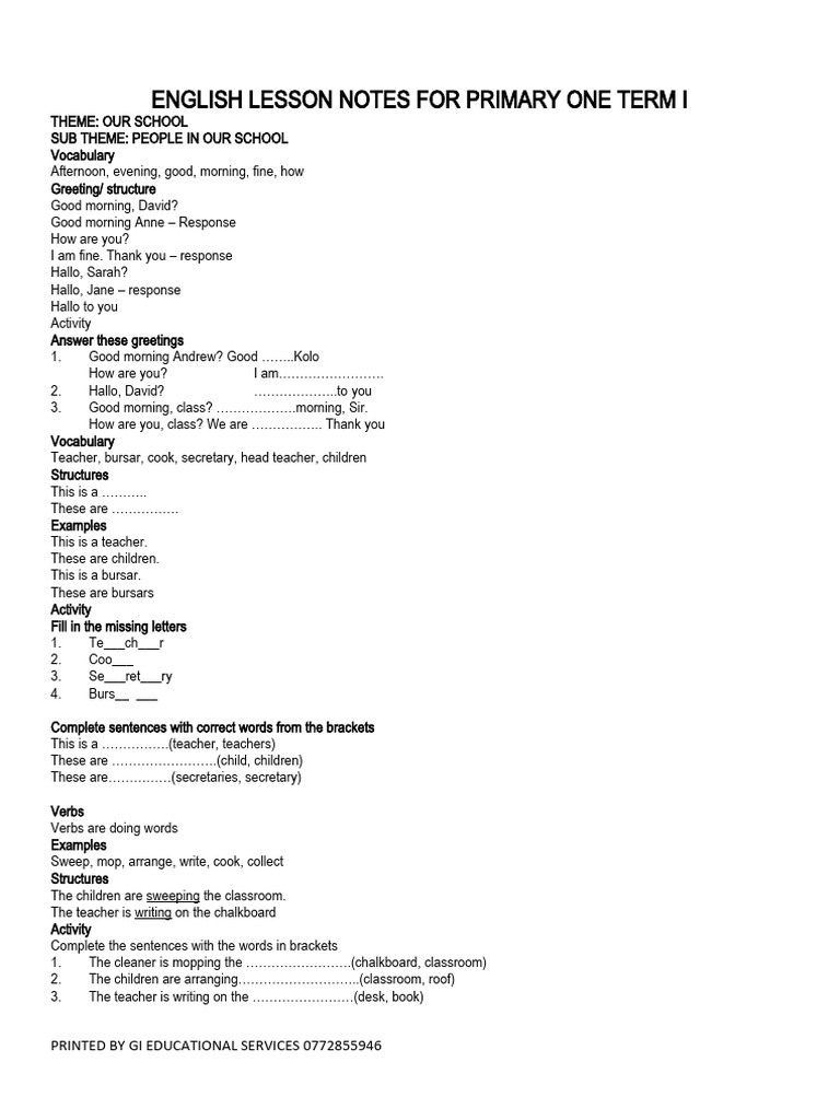 Primary 1 English Lesson Notes Term 1 | PDF | Plural | Ellipsis