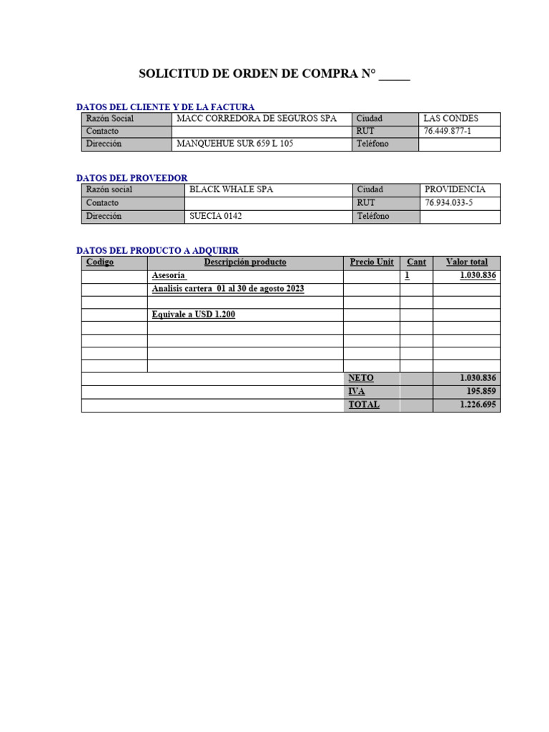 Solicitud de Orden de Compra | PDF