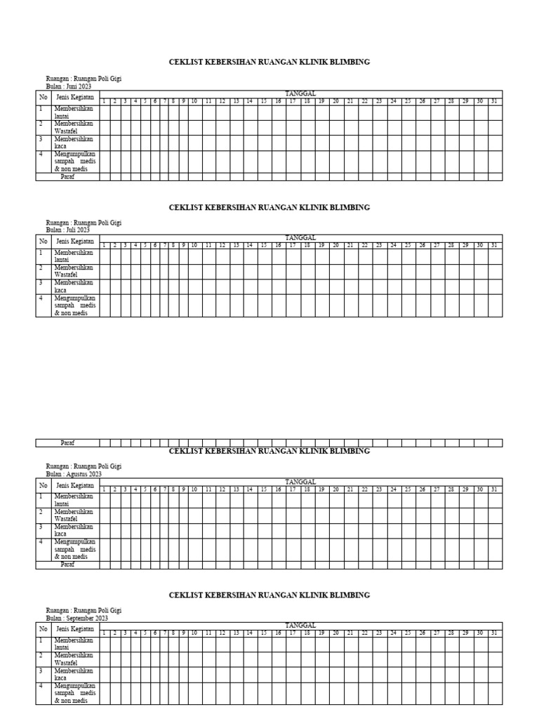 CEKLIST KEBERSIHAN RUANGAN Poli Gigi | PDF