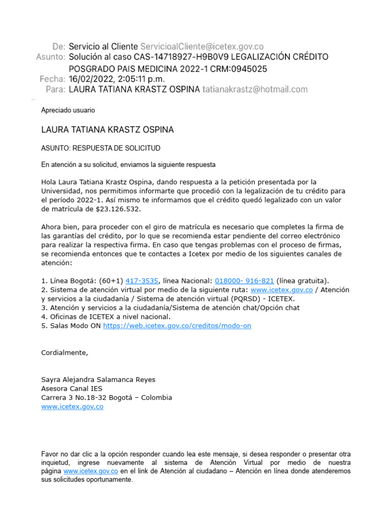 Solución Al Caso Cas-14718927-H9b0v9 Legalización Crédito Posgrado Pais ...