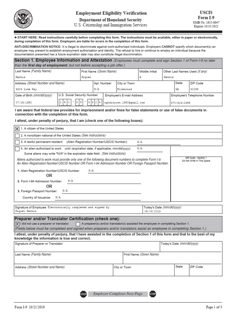 Form - I 9 - 10 21 2019 | PDF | Government | United States Federal ...