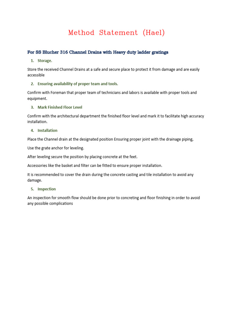 Channel Drain Installation Method Statement | PDF