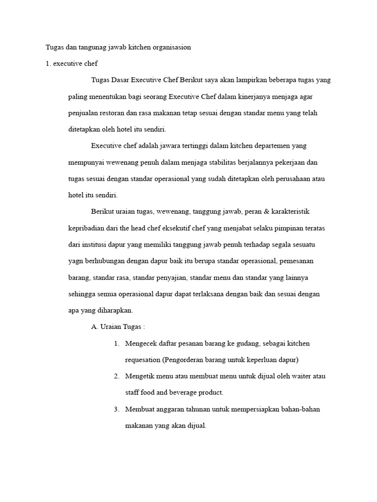 Tugas Dan Tangunag Jawab Kitchen Organisasion | PDF | Karier & Perkembangan