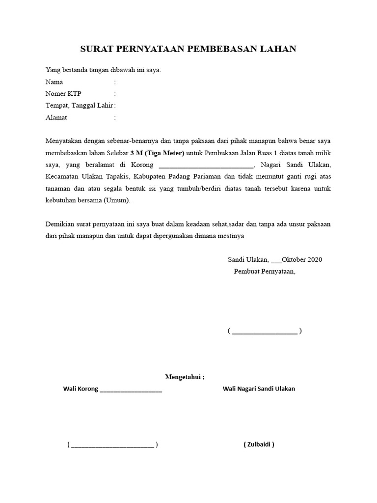 Surat Pernyataan Pembebasan Lahan | PDF Surat Pernyataan Pembebasan Lahan | PDF