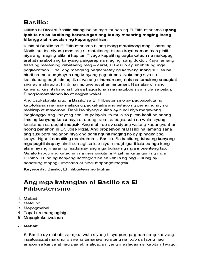 Bakit Nilikha Ang Tauhang Si Basilio | PDF