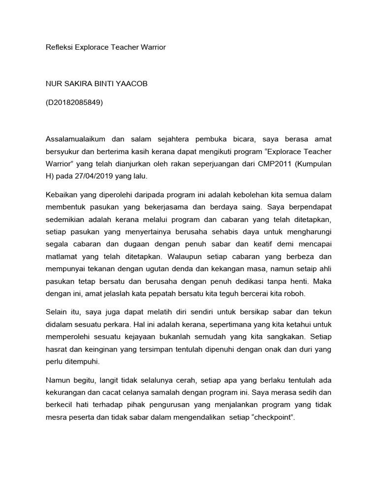 Refleksi Explorace Teacher Warrior | PDF