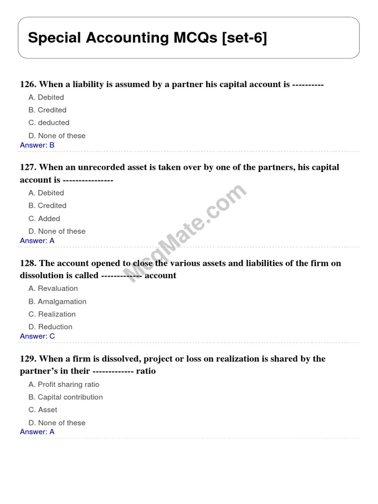 Specialized Accounting MCQs for BBA 4th Sem | PDF | Partnership ...