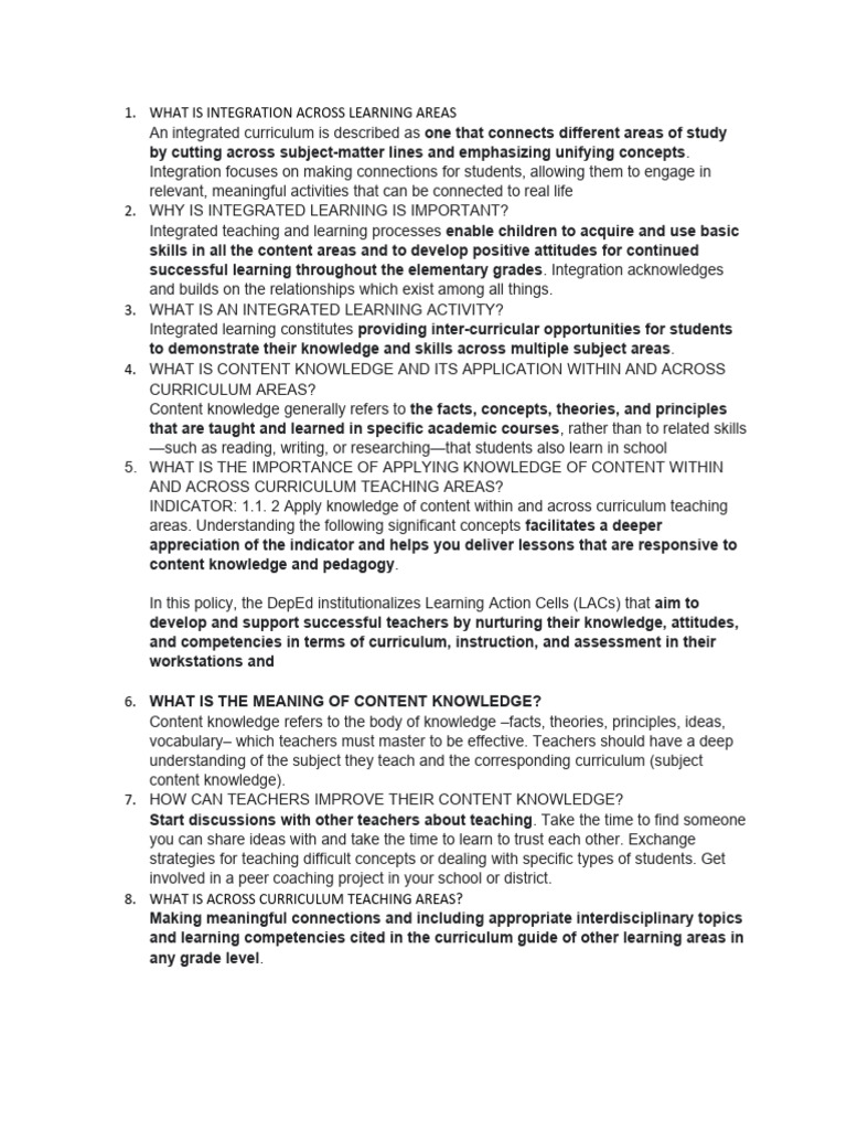 Across and Within Learning Areas | PDF | Curriculum | Learning