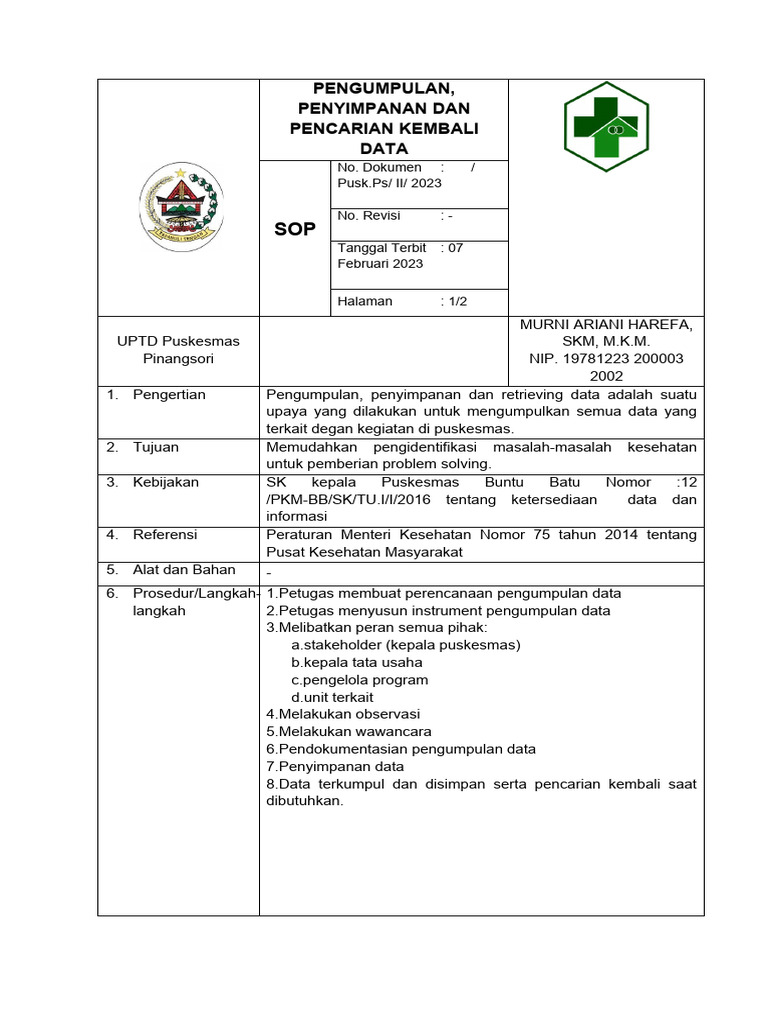 Sop Pengumpulan Penyimpanan Data | PDF