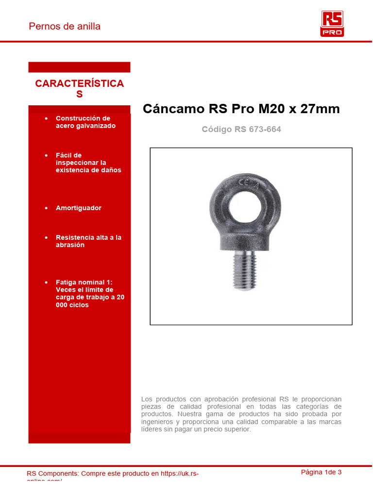 Cáncamo RS Pro M20 X 27mm: Característica S | PDF
