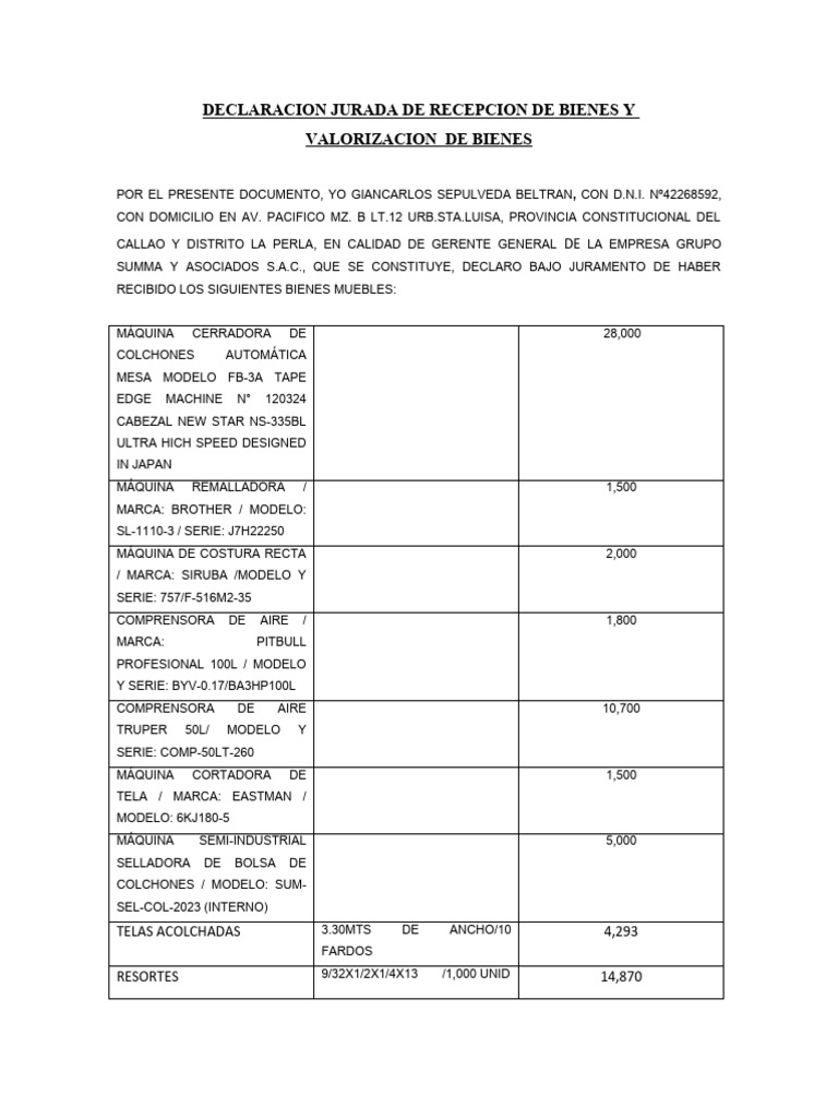DECLARACION JURADA DE RECEPCION DE BIENES Y | PDF