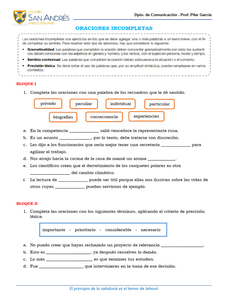 5° Oraciones incompletas | PDF