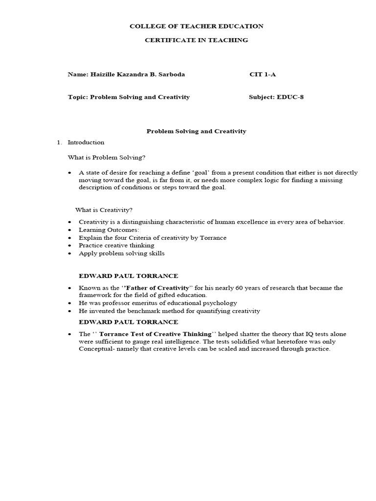 Problem Solving And Creativity Pdf Creativity Thought