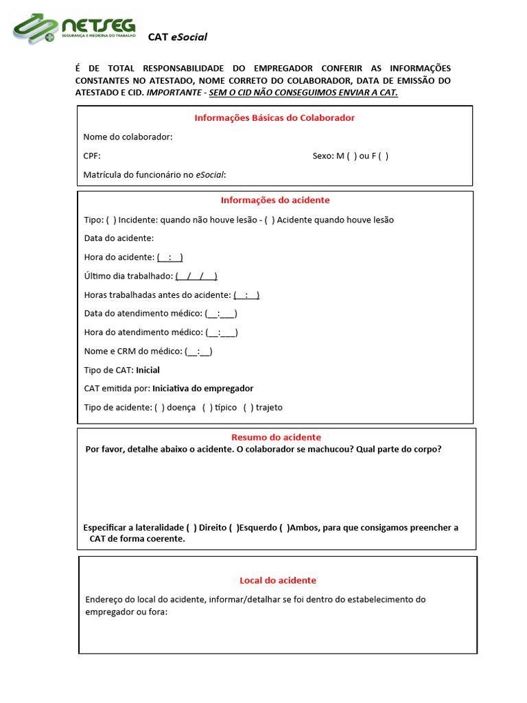 Formulário CAT - Esocial | PDF | Direito