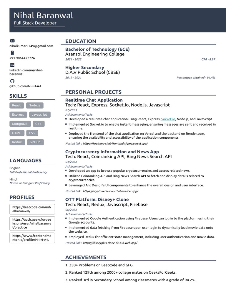 Nihal's Resume - Full Stack | Download Free PDF | Java Script | Mobile App