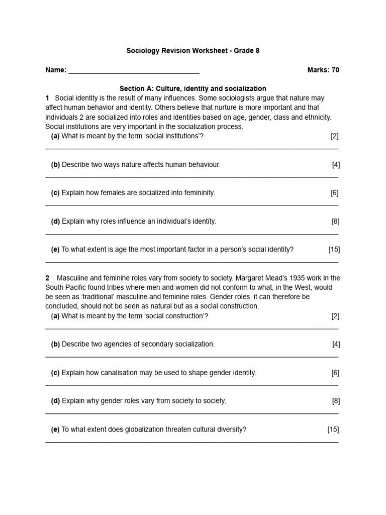 Sociology Worksheet | PDF | Socialization | Gender