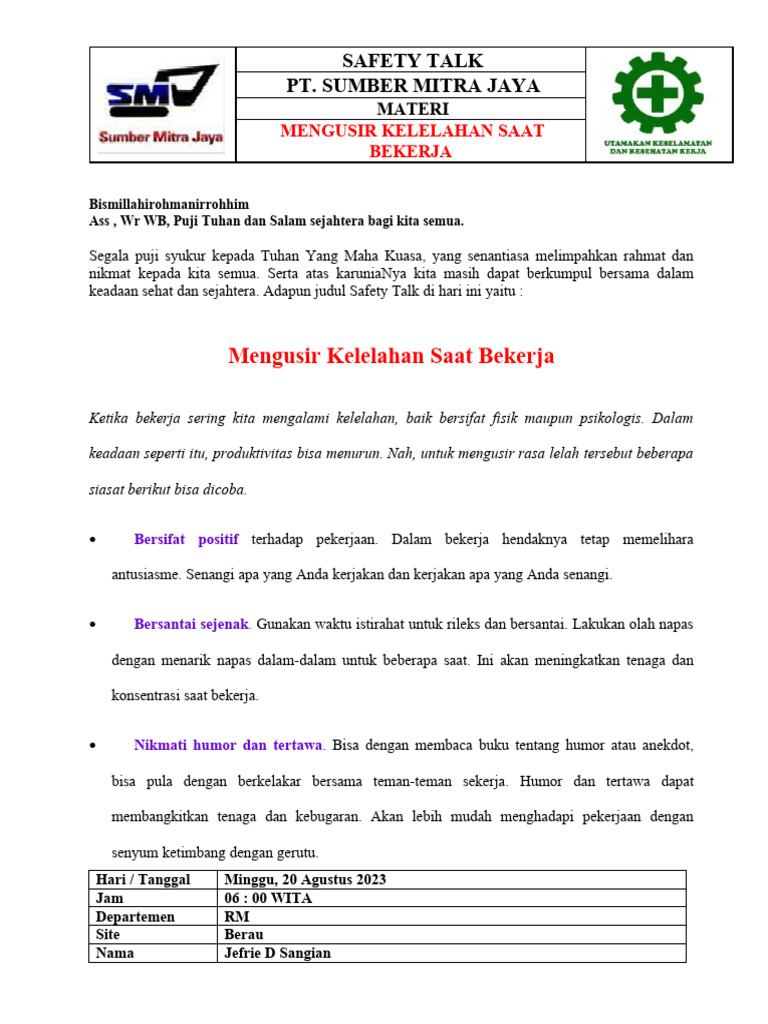 Materi Safety Talk Mengusir Kelelahan Saat Bekerja 20 Agustus 2023 | PDF