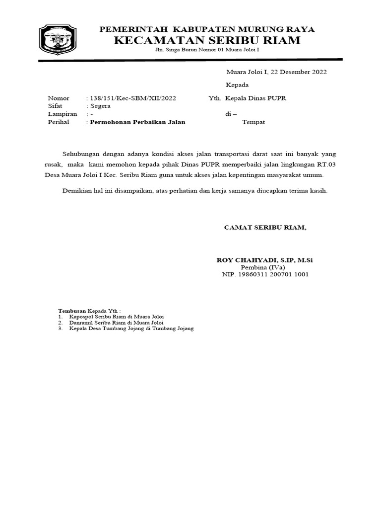 Surat Permohonan Perbaikan Jalan Ke PUPR | PDF