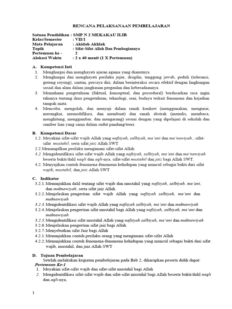 RPP Akidah Akhlak Kelas VII | PDF