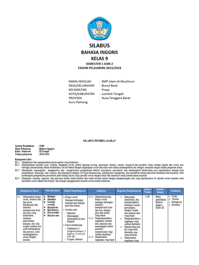 Silabus Bahasa Inggris Kelas 9 Semester 1 Dan 2 | PDF | Karier & Perkembangan | Seni & Disiplin ...