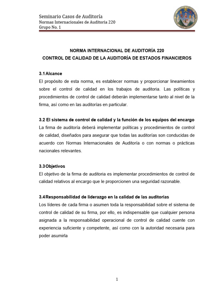 NIA 220 | PDF | Auditoría | Contabilidad
