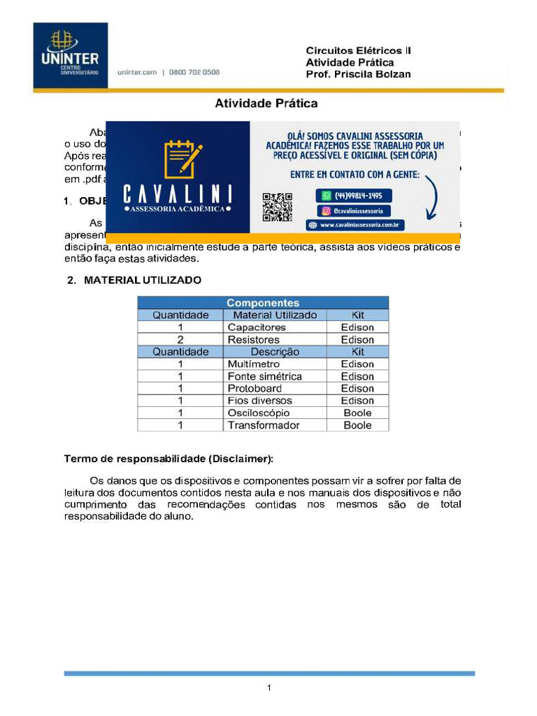 Atividade Prática - Circuitos Elétricos II - Uninter | PDF