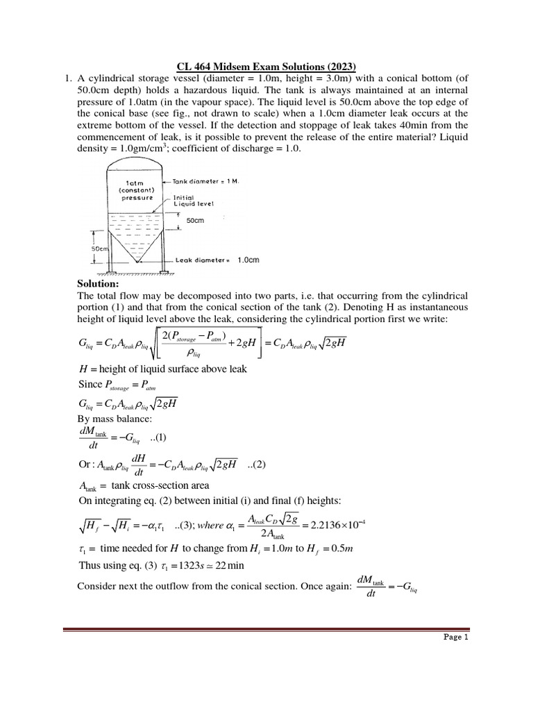 CL464 Midsem Exam - Solution | PDF | Chemical Reactor | Mechanical Engineering