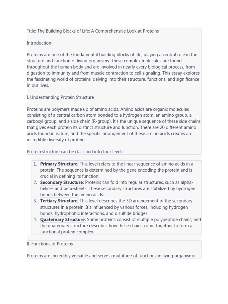 Essay On Protein | PDF | Protein Structure | Proteins