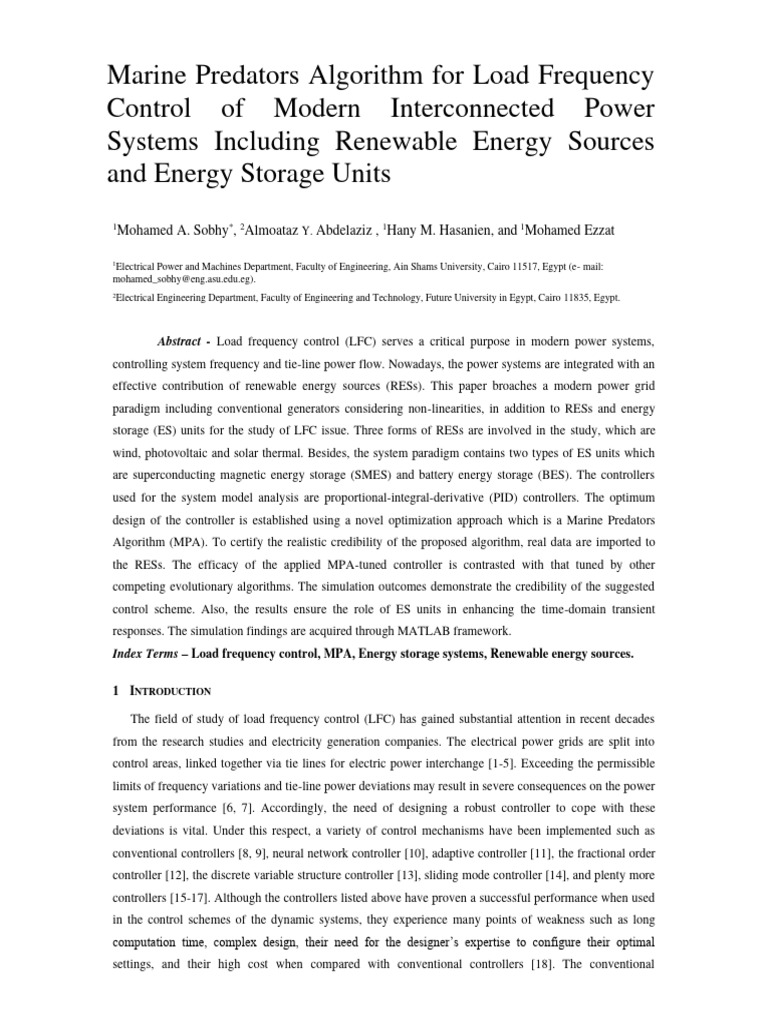 Marine Predators Algorithm For Load Frequency Control Of Modern Interconnected Power Systems
