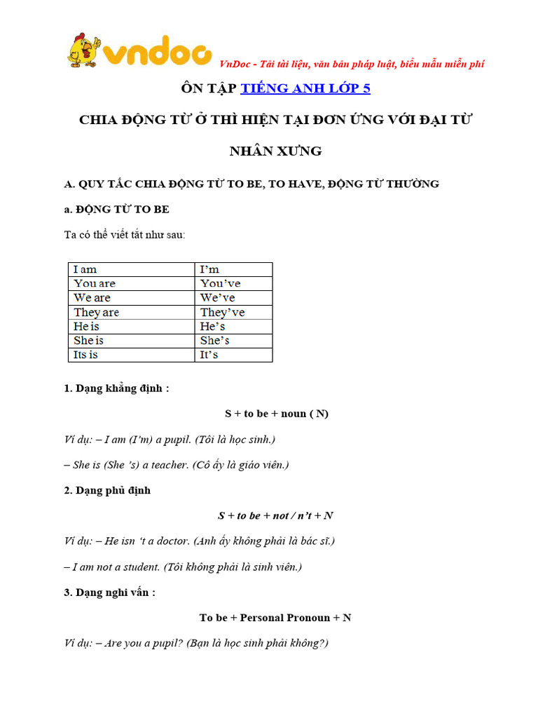 Chia Dong Tu o Thi Hien Tai Don Ung Voi Dai Tu Nhan Xung | PDF