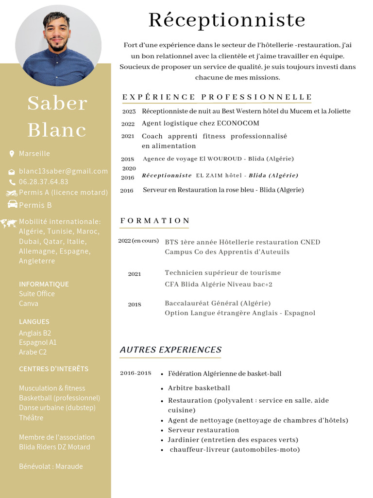 CV Réceptionniste Hôtellerie Algérie | PDF | Hôtellerie | Secteurs du ...