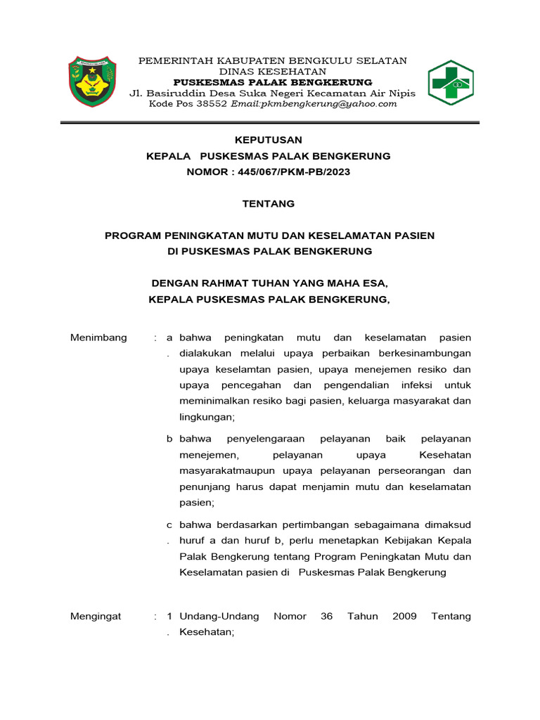 1 SK Program Peningkatan Mutu Dan Keselamatan Pasien | PDF | Sains & Matematika