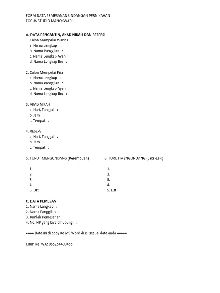 Form Data Pemesanan Undangan Pernikahan | PDF