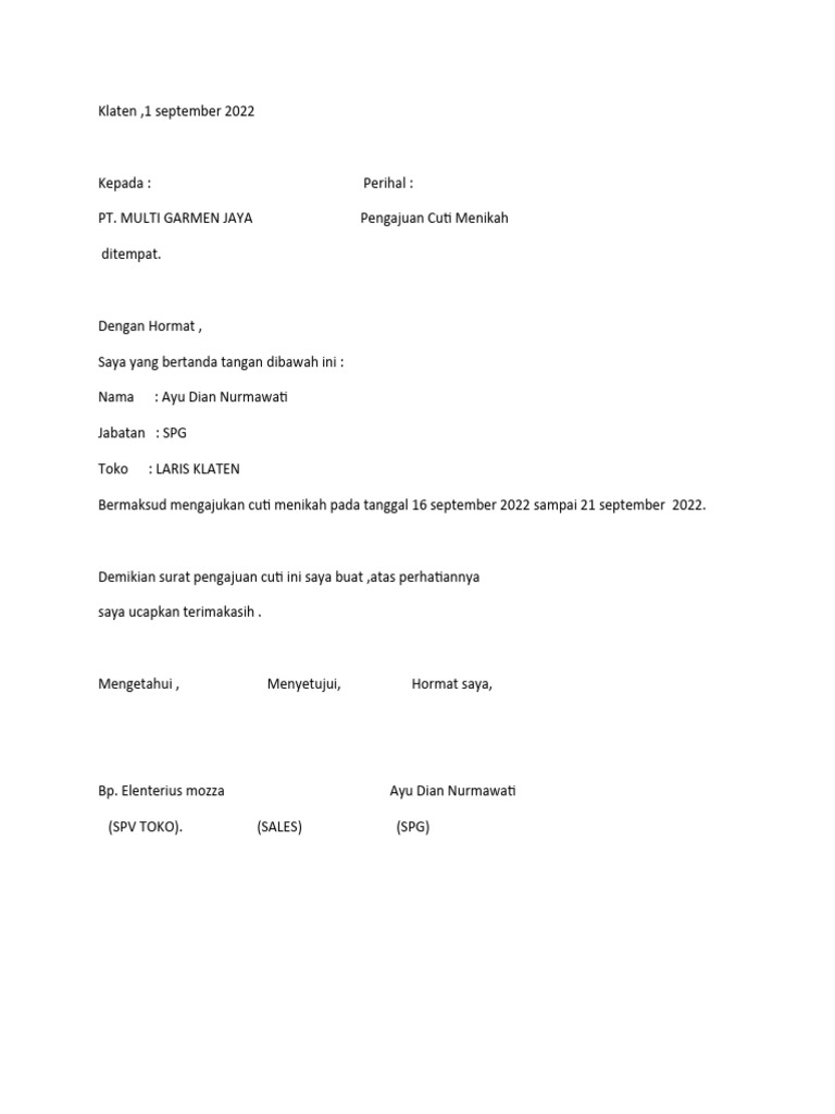 Contoh Surat Pengajuan Cuti Menikah | PDF