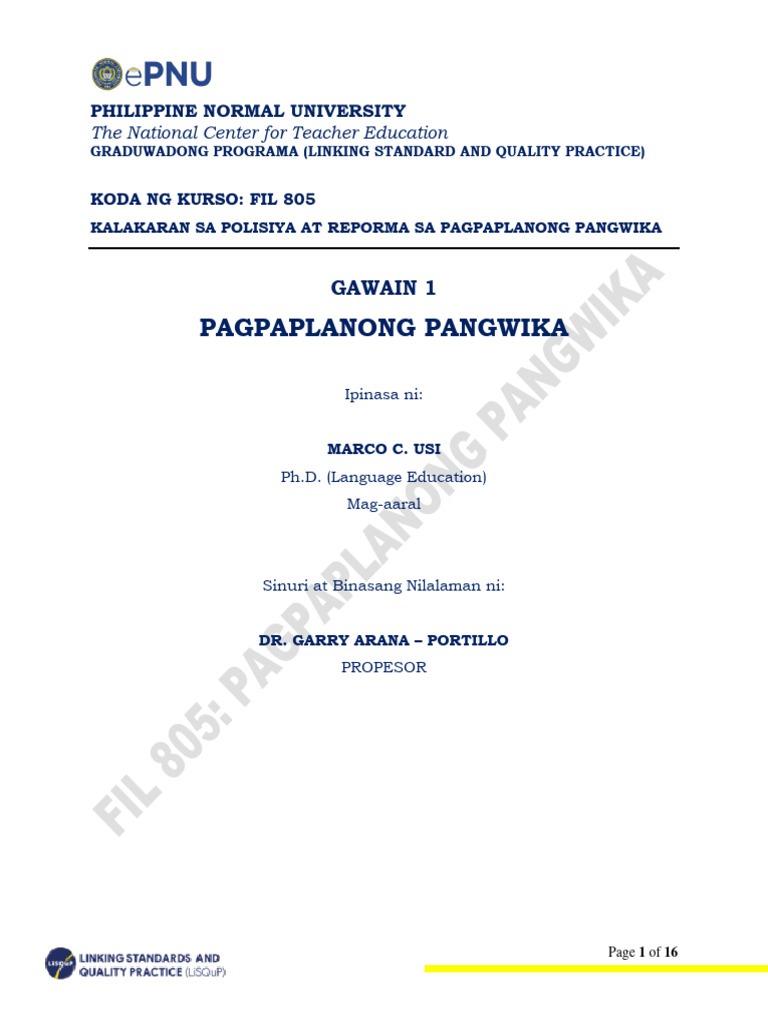 Gawain 1 Fil 805 - Pagpaplanong Pangwika - Marco Usi | PDF