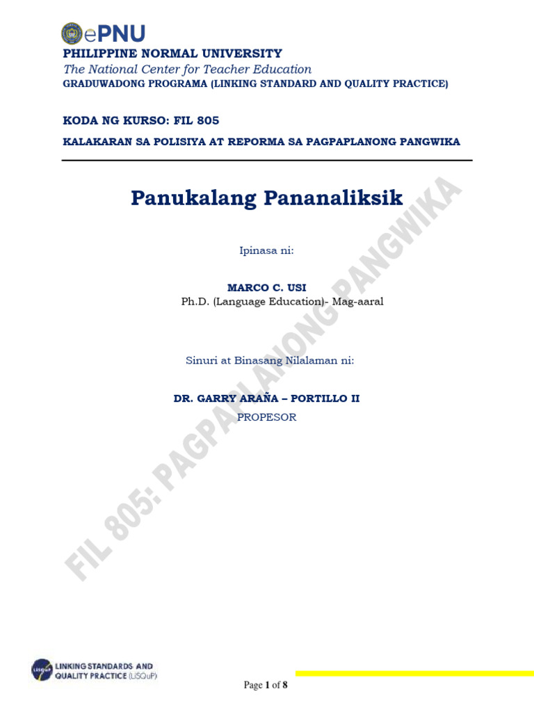 Fil 805 - Panukalang Pananaliksik - Marco C - Usi | PDF