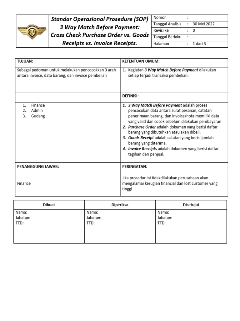 SOP 3-Way-Match Before Payment | PDF