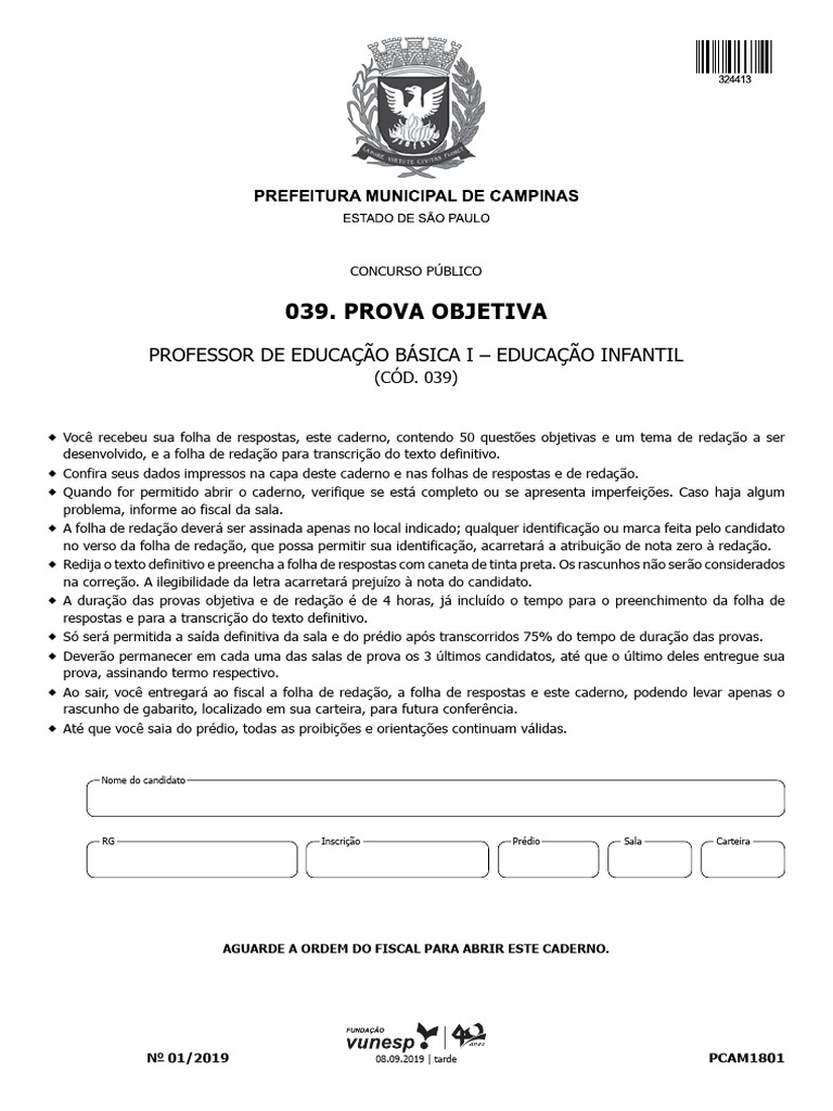 Vunesp 2019 Prefeitura de Campinas SP Professor Educacao Basica I ... Vunesp 2019 Prefeitura de Campinas SP Professor Educacao Basica I ...