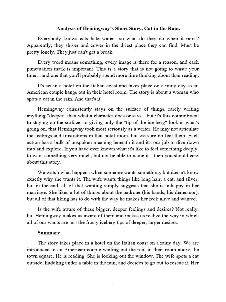Hemingway's "Cat in the Rain" Analysis | PDF | Thought