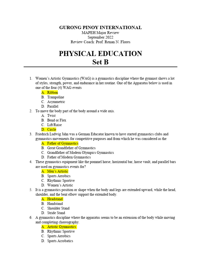 Answer Key PE Reviewer Sept 2022 Set B.pdfs | PDF | Gymnastics | Volleyball