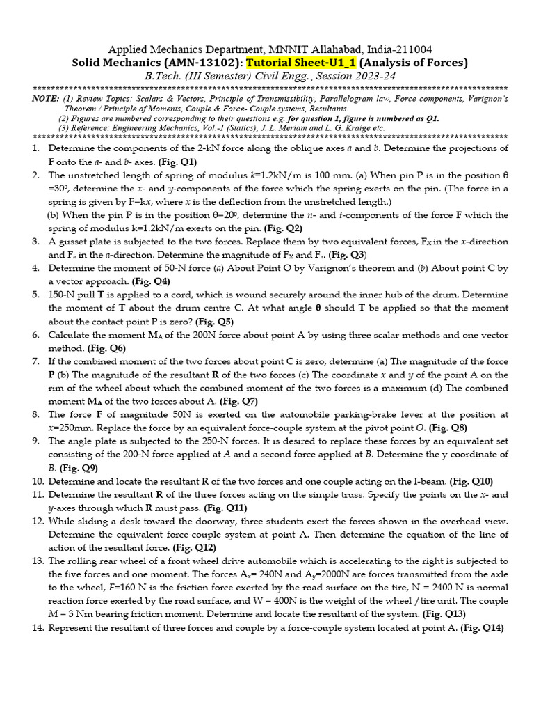 Tute Sheet-U1 - 1 (Analysis of Forces) - SM (AMN-13102) - Odd Sem 2023-24 | Download Free PDF ...