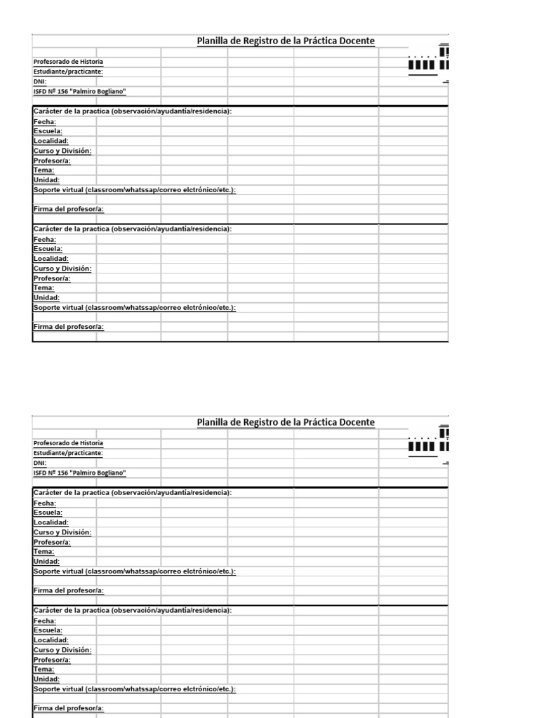 PLANILLA REGISTRO PRACTICA DOCENTE | PDF