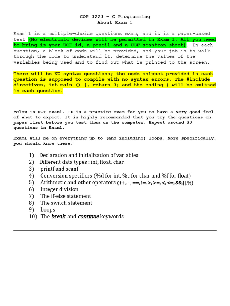 COP 3223 PracticeExam | PDF | Computer Programming | Computing COP 3223 PracticeExam | PDF | Computer Programming | Computing