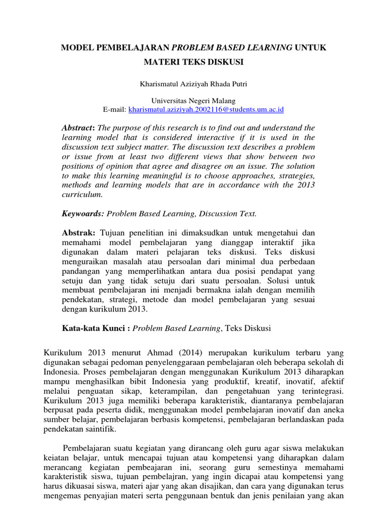 Model Pembelajaran Problem Based Learning Untuk Materi Teks Diskusi | PDF