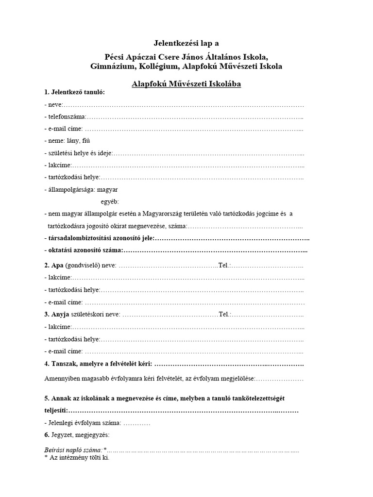 Jelentkezési Lap | PDF