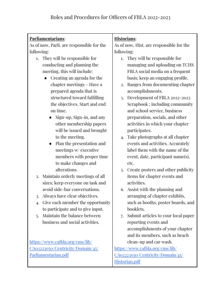 Agenda - 09 - 27 - Roles and Procedures For Officers of FBLA 2022-2023 | PDF