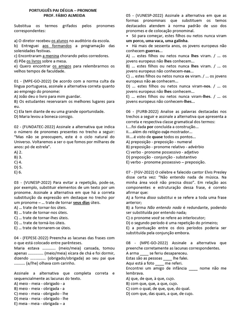 Morfologia Pronomes Pdf Pronome Preposição E Posposição